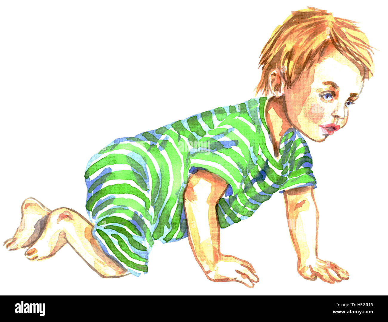 Cute baby crawling, Hand Painted Watercolor Illustration Stock Photo ...