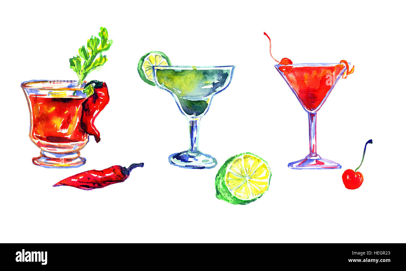 Bloody Mary, Margarita and Cosmopolitan, Hand Painted Watercolor ...