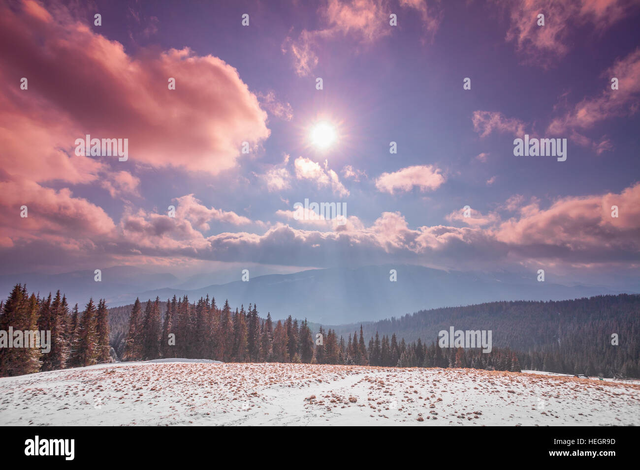 Amazing evening winter landscape Stock Photo - Alamy