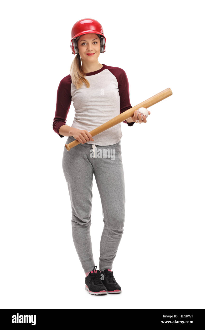 Full length portrait of a female baseball player isolated on white ...