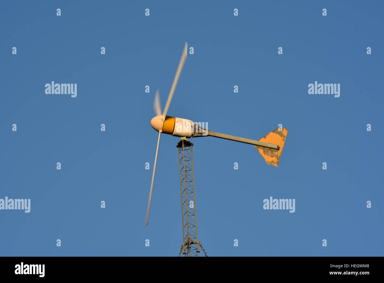 Close-up of small, residential scale, 10 kW Bergey wind turbine ...