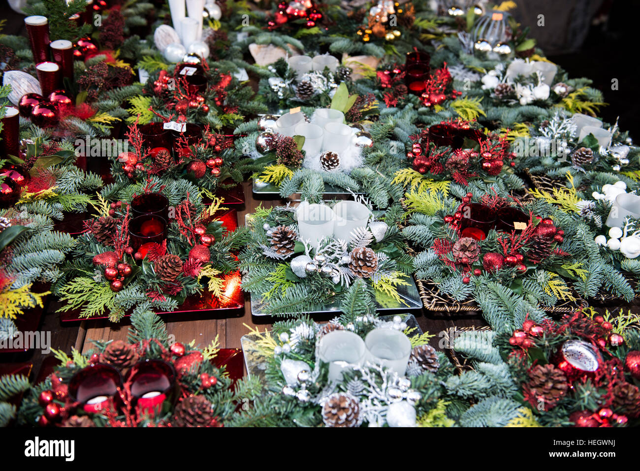 Christmas decoration on a market stall table Stock Photo - Alamy