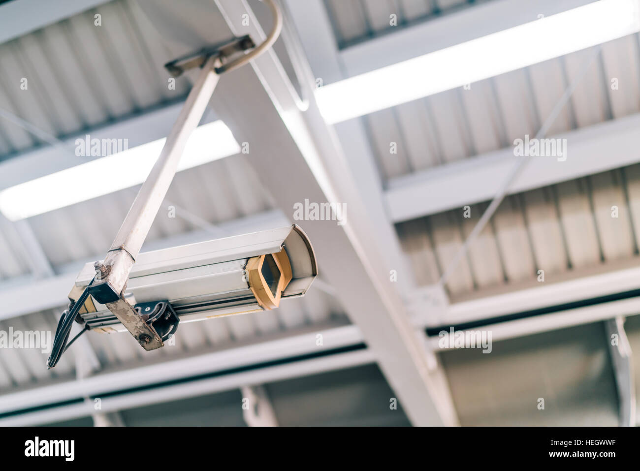 Surveillance security CCTV camera on the roof at night, safety or ...