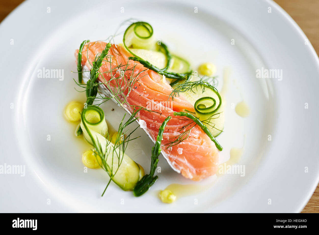 Jasmine salmon steak courgette salt fennel Stock Photo - Alamy