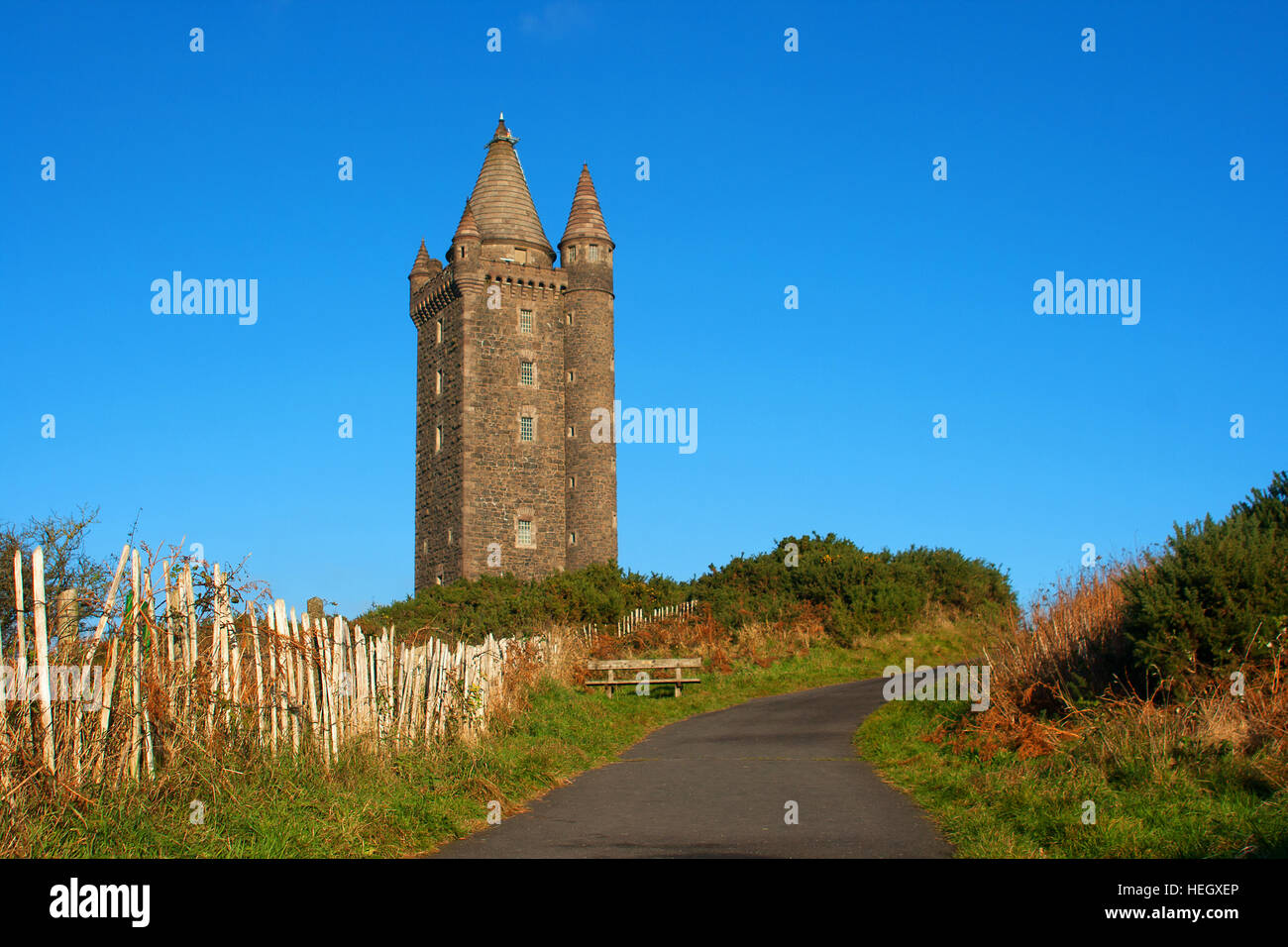 The large turreted Scrabo Tower on Scrabo Hill overlooking Newtownards ...