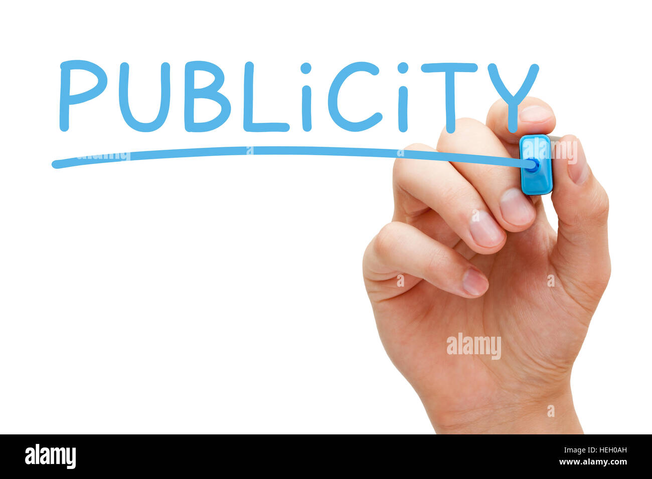 Hand writing the word Publicity with blue marker on transparent wipe ...