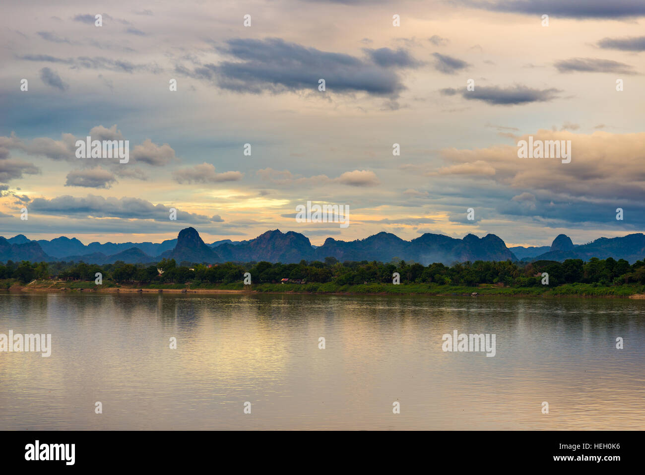 Stunning landscape in Lao PDR on the opposite Mekong river bank, viewed ...