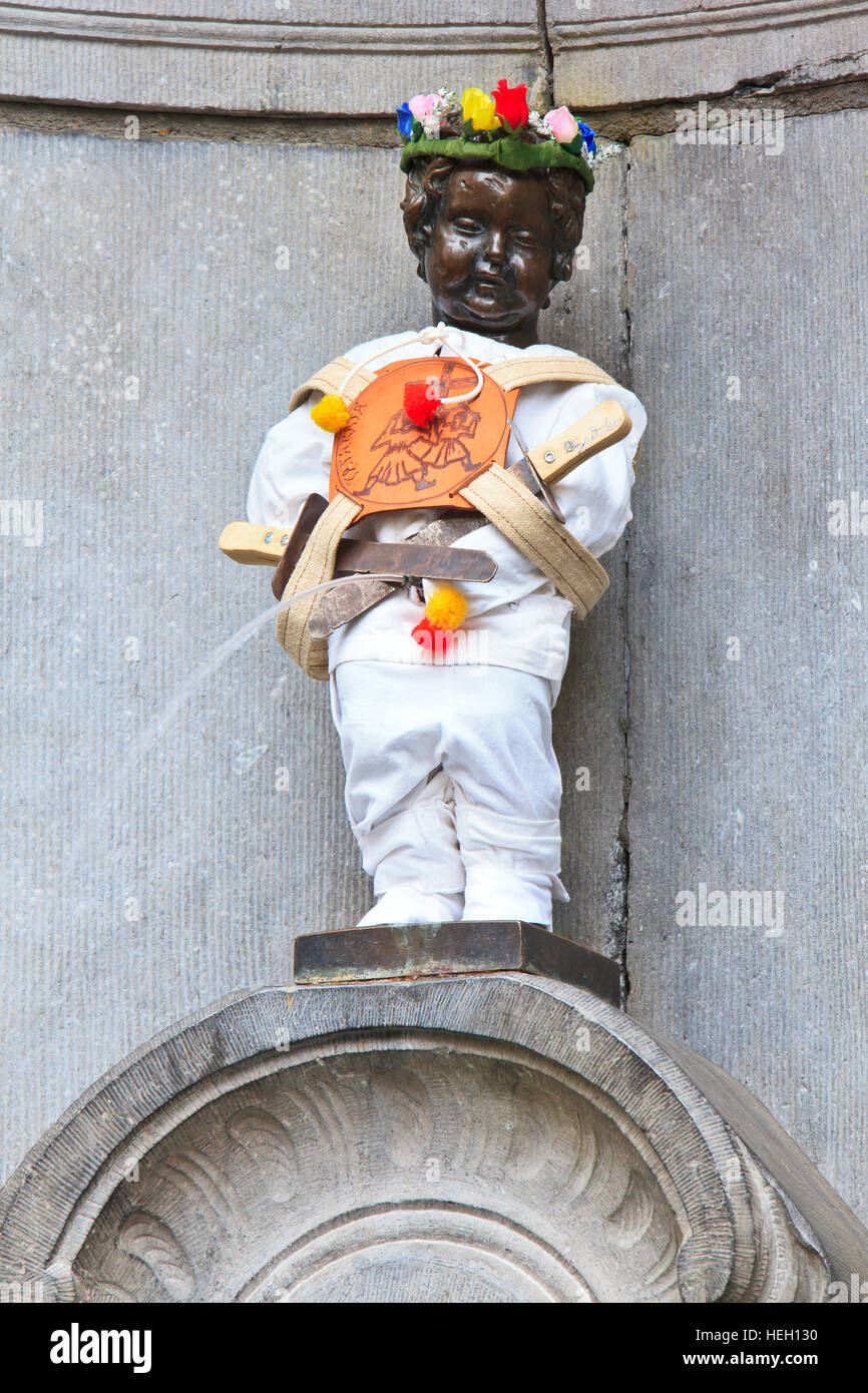 Manneken Pis dressed in a traditional costume of the Sagra del Tataratà from Siciliy, Italy ...