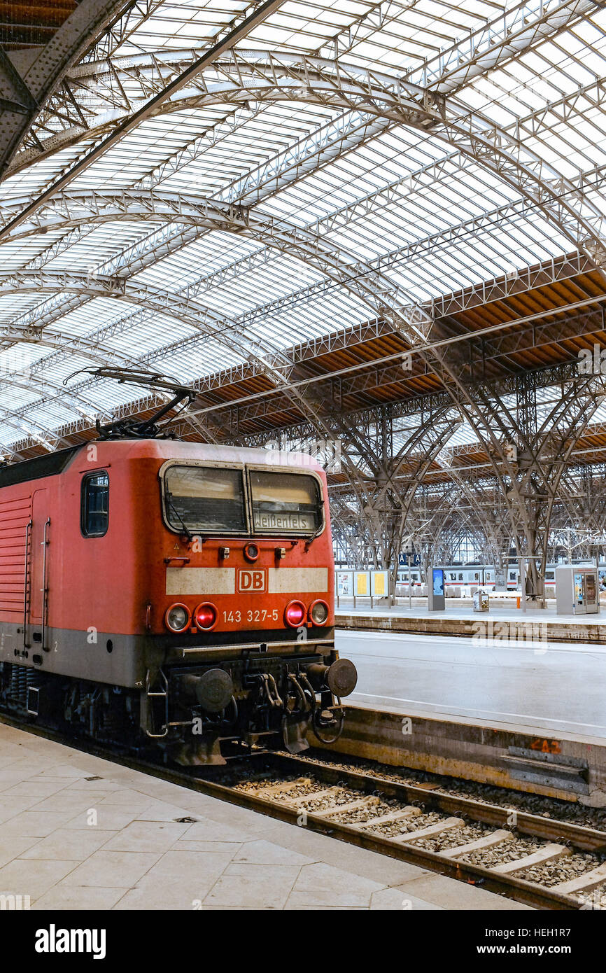 Parked train inside the Leipzig, Germany train station with no people ...