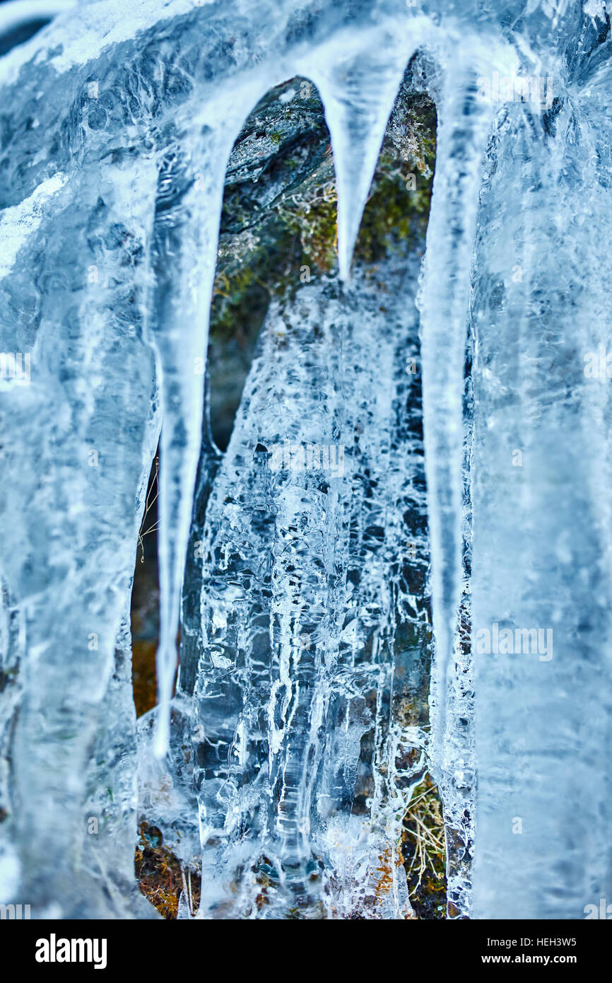 Beautifully shaped icicles on a mountain from a frozen waterfall Stock ...