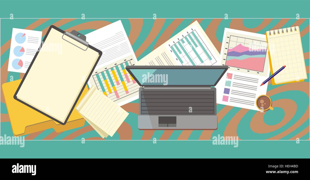 Work table document and laptop design flat. Work workplace office ...