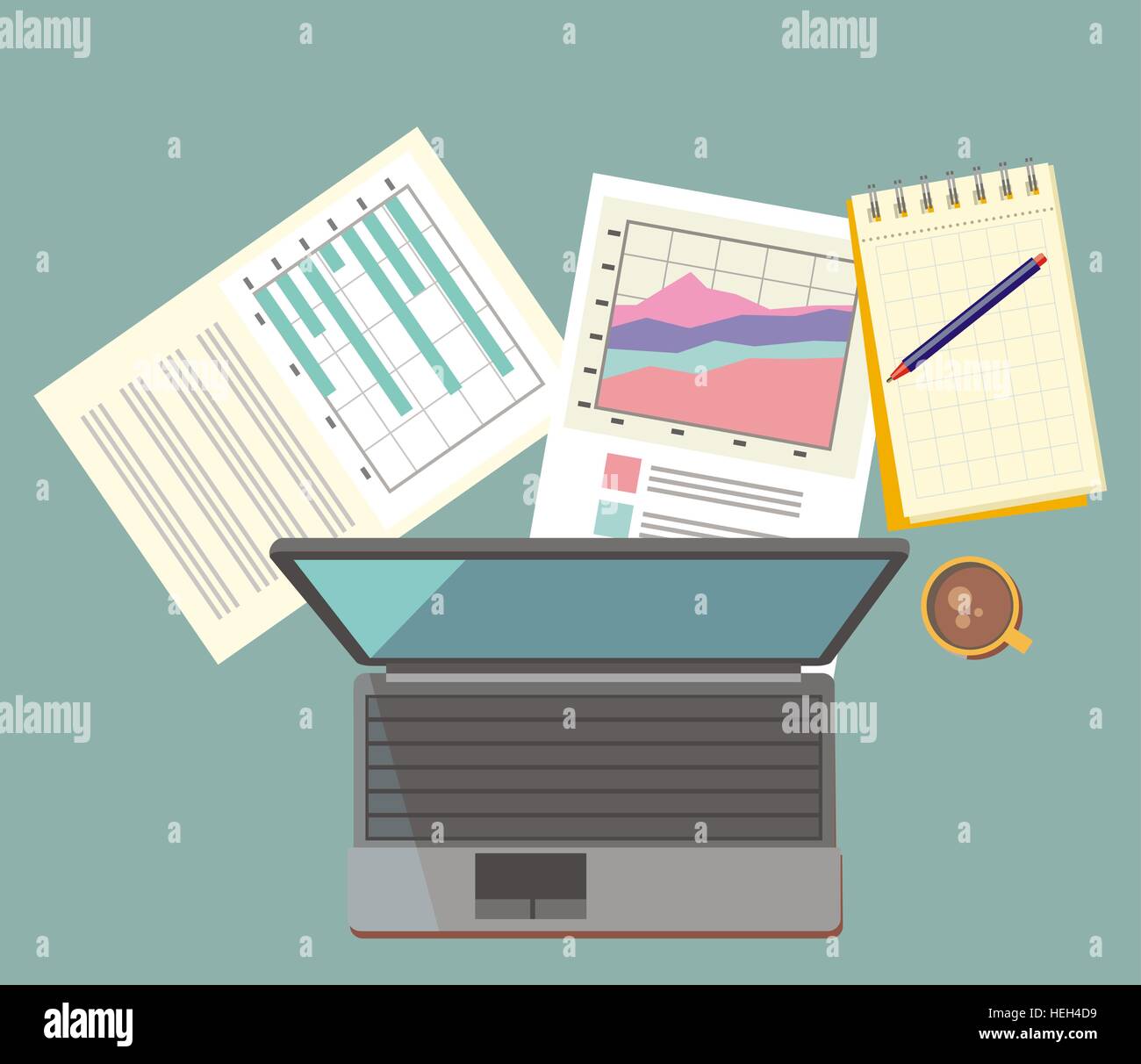 Work table document and laptop design flat. Work workplace office ...
