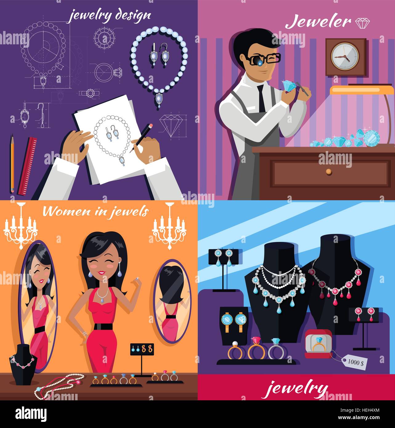 Jewelry banner concept design. Diamond and jeweller on model, necklace ...