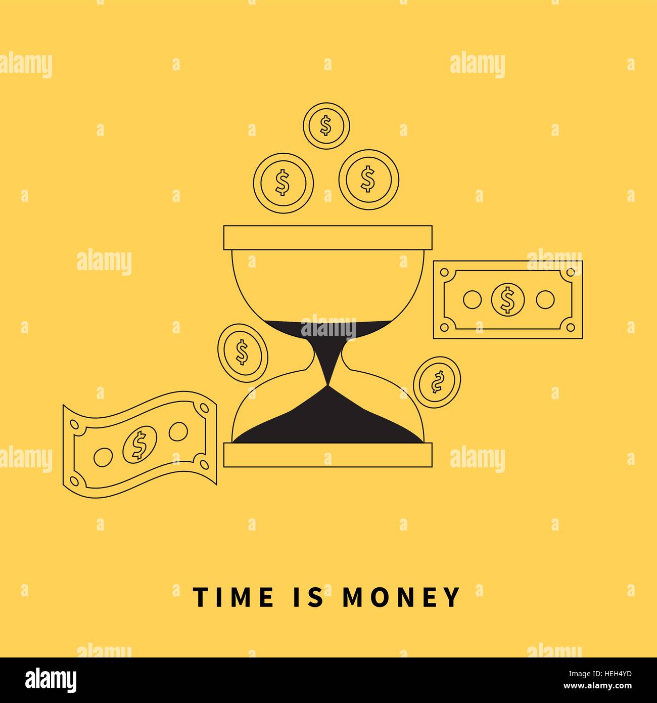 Time is money concept. Hourglass coins. Business currency and clock ...