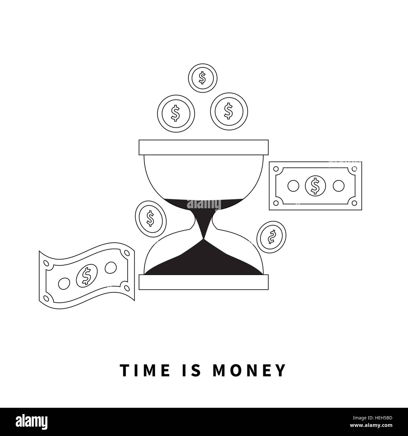 Time is money concept. Hourglass coins. Business currency and clock ...