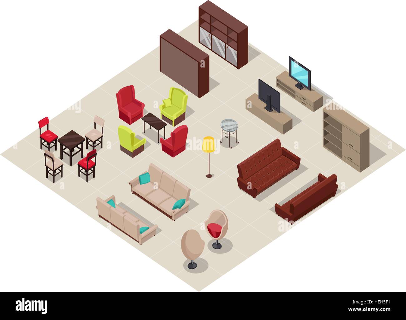 Furniture set isometric design. Frniture isometric, wardrobe and sofa ...