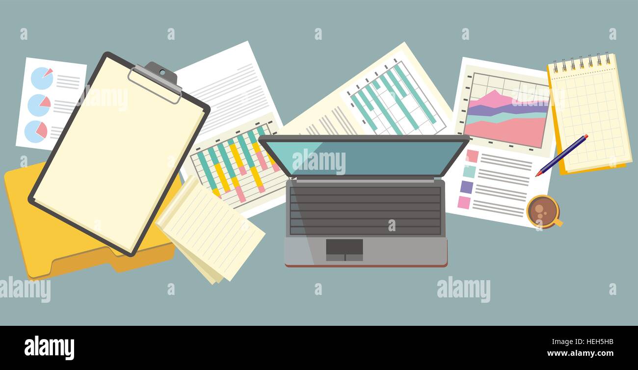 Work table document and laptop design flat. Workplace office, office ...