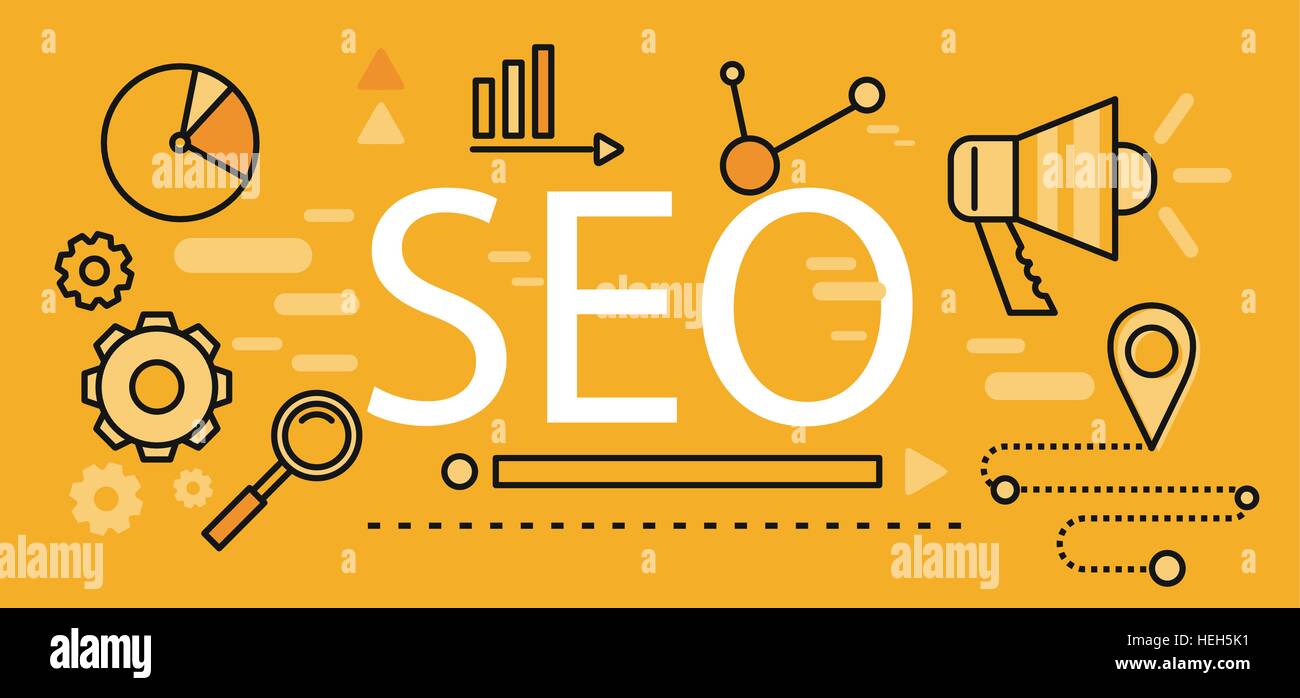 SEO icons line thin poster. Pictogram websites and mobile applications ...