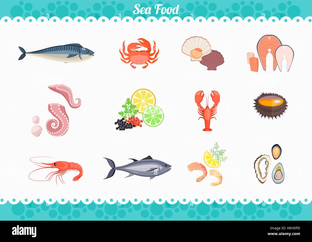 Seafood set design flat fish and crab. Lobster and food oyster, fresh ...