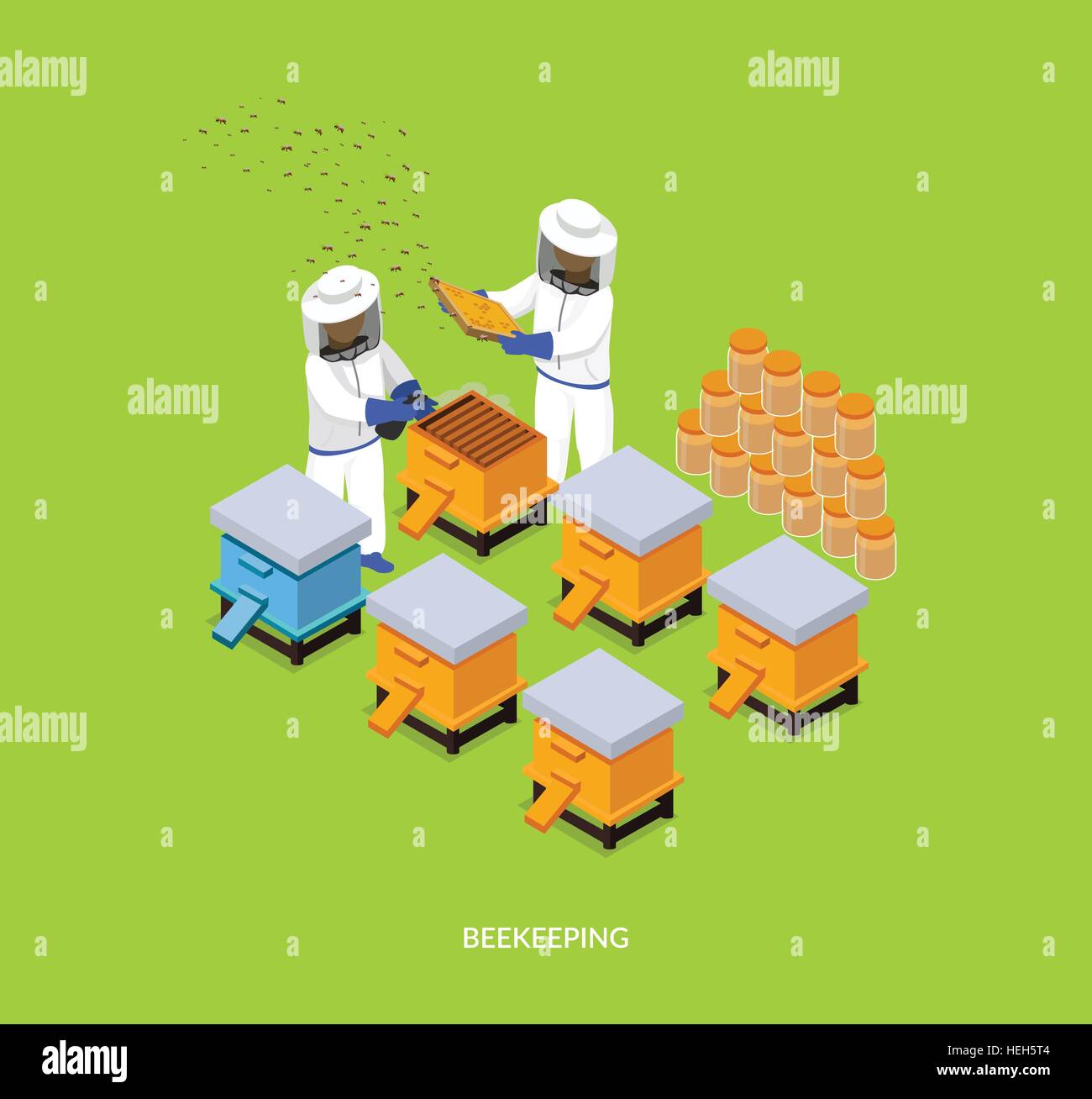 Isometric honey bee apiary with beekeeper design flat. 3D Beekeeping ...