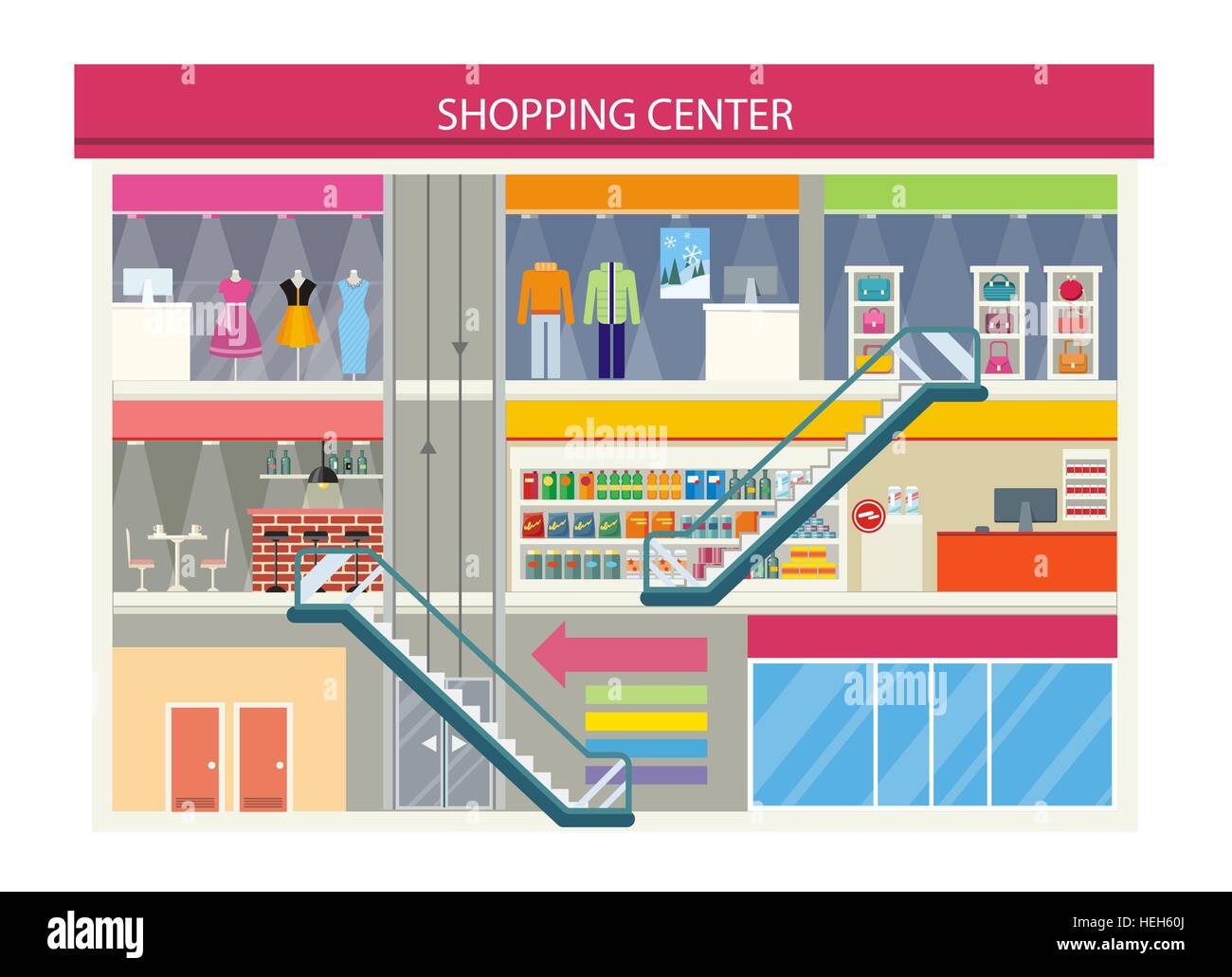Shopping center buiding design. Shopping mall, shopping center interior ...