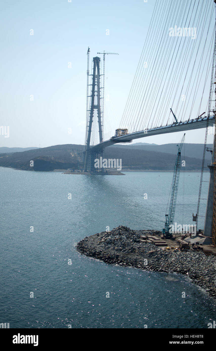 Construction of the cable-stayed bridge. Cable-stayed pylon in ...
