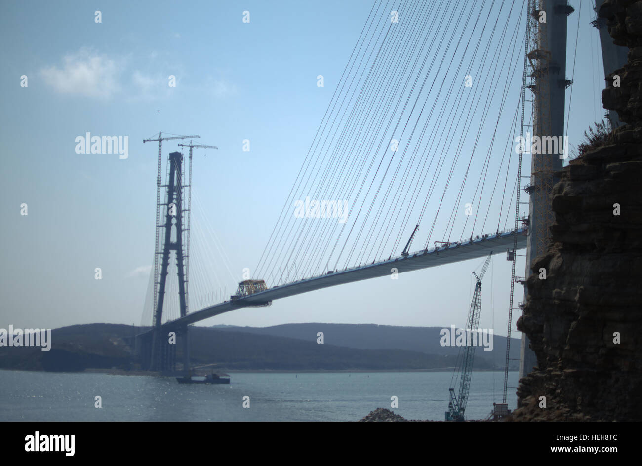 Construction of the cable-stayed bridge. Cable-stayed pylon in ...