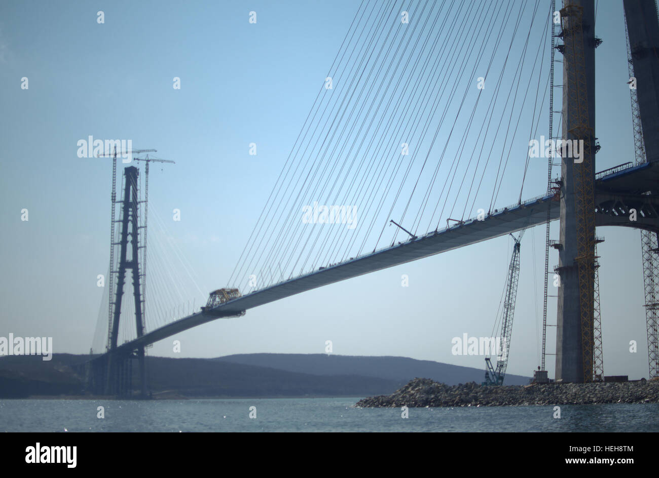 Construction of the cable-stayed bridge. Cable-stayed pylon in ...