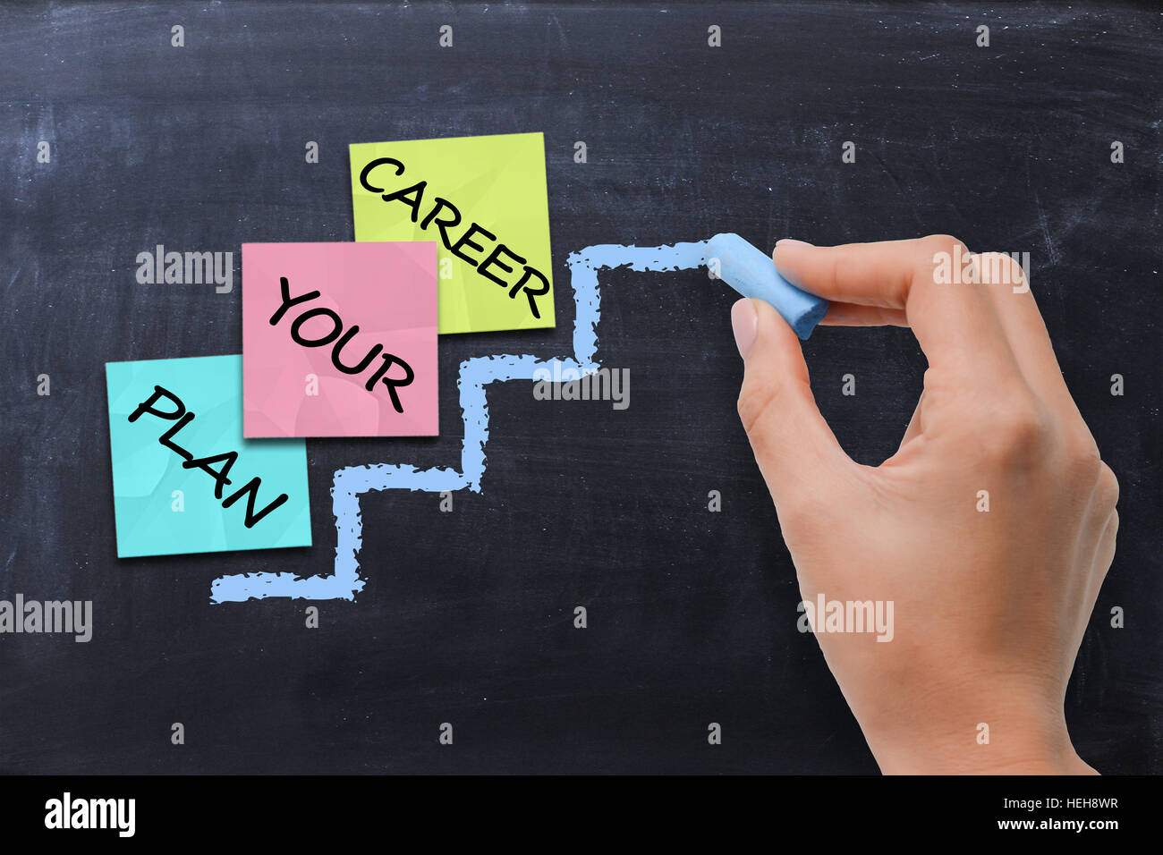 Career planning concept with colored post-it index on ladder chalk ...