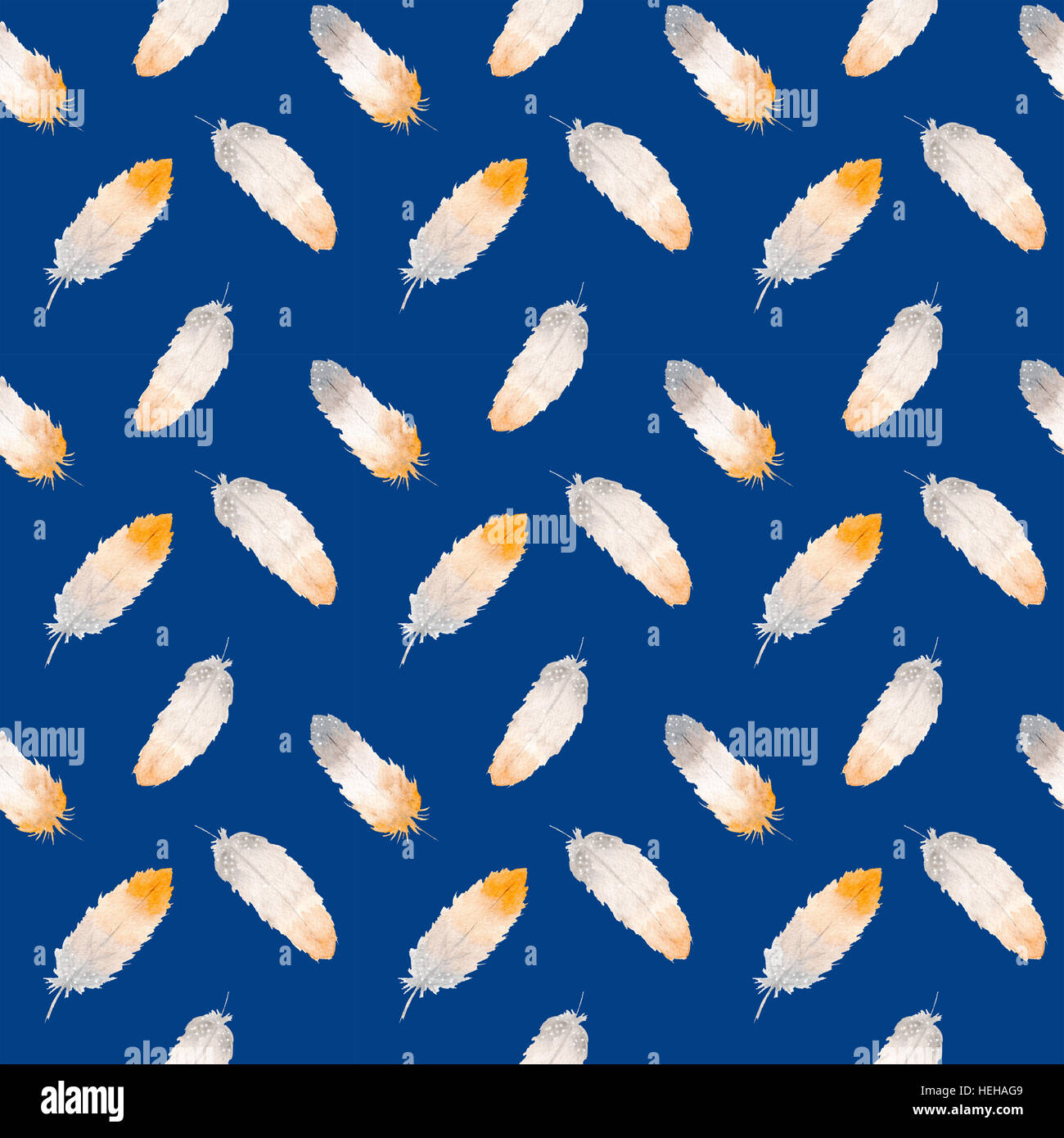 Watercolor birds feathers seamless boho pattern texture on blue ...