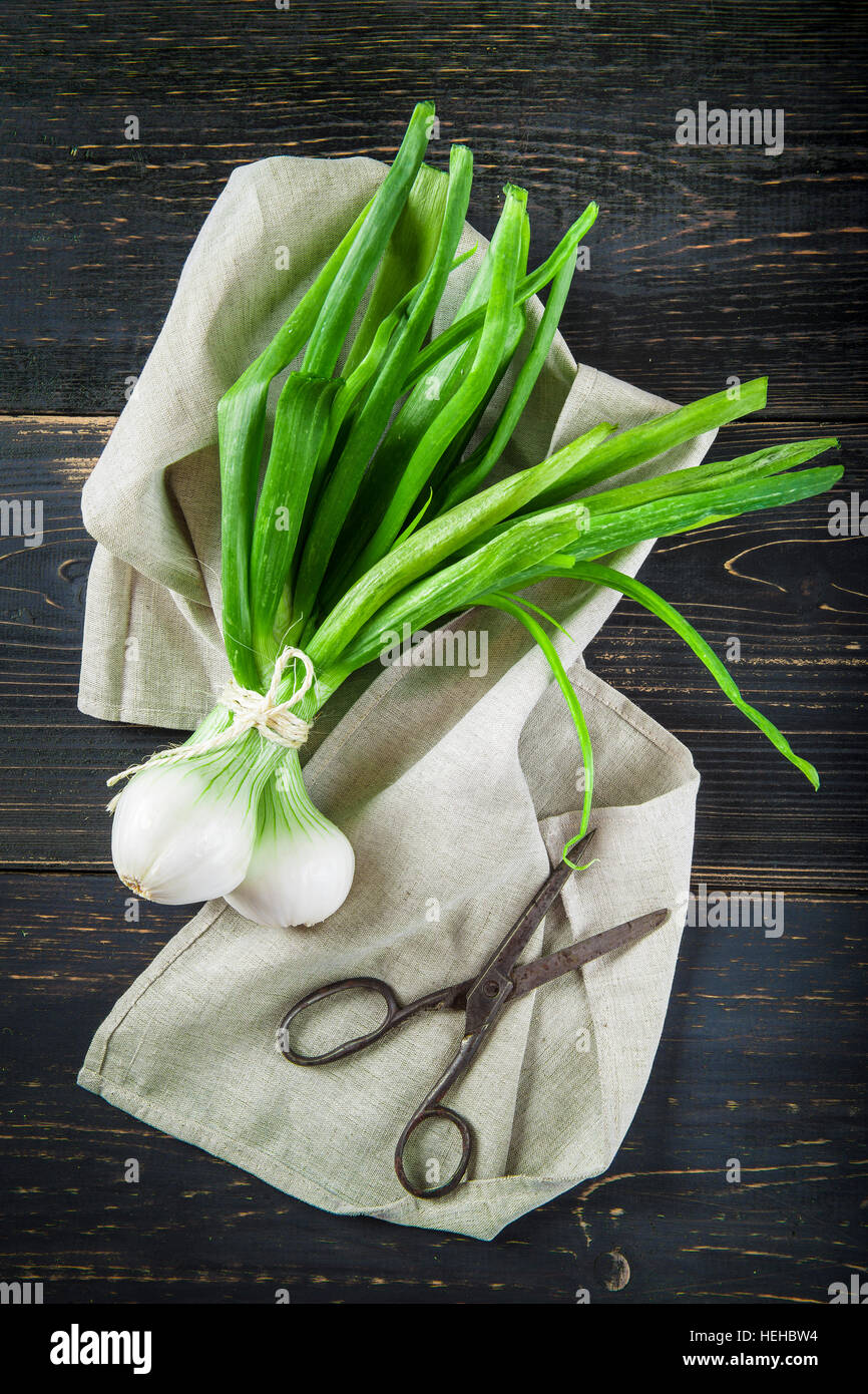 Fresh spring onions and old scissors on a black wooden background Stock ...