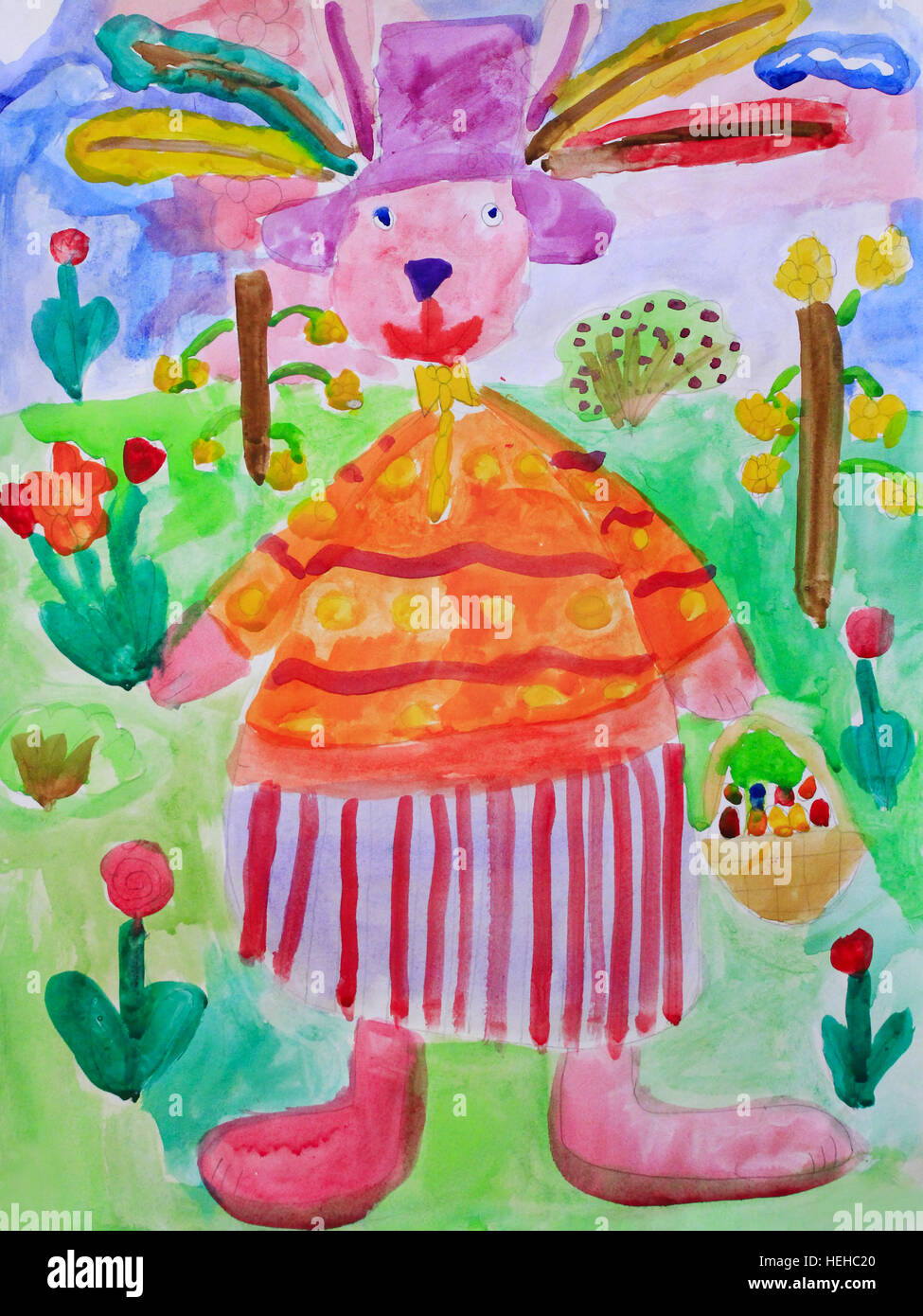 childish drawing of cheerful multicolored fabulous hare Stock Photo - Alamy