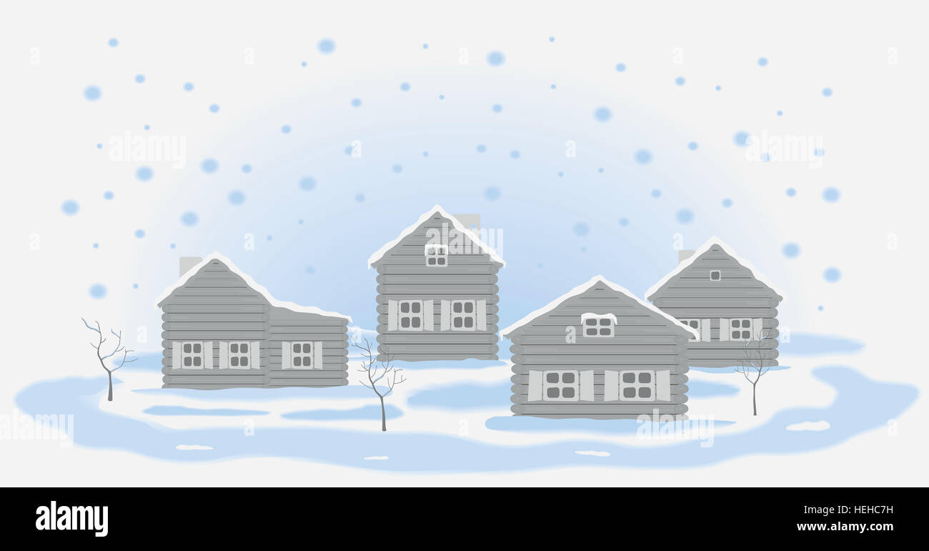 Illustration of winter landscape with wooden houses Stock Photo - Alamy