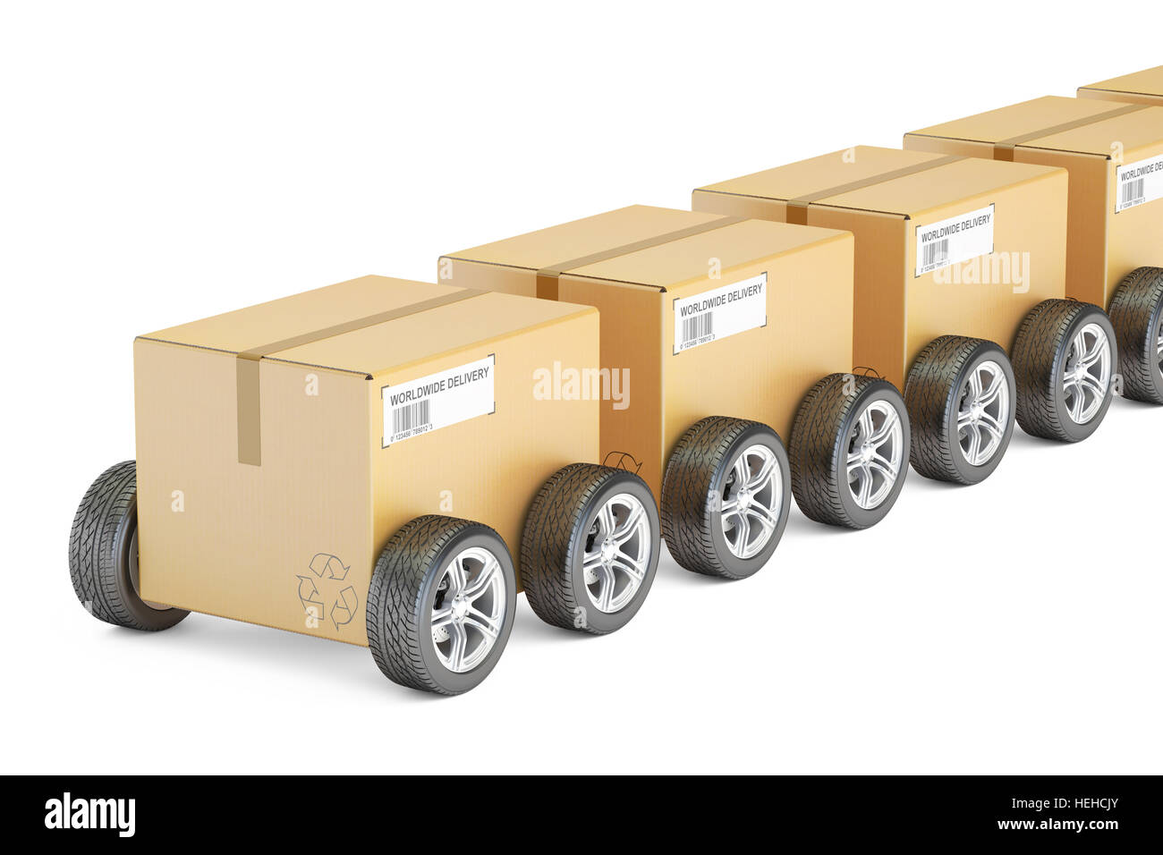 Parcels with wheels, fast delivery concept. 3D rendering isolated on ...