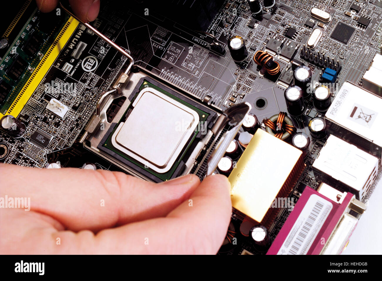 Processor chip being built into a motherboard, mainboard Stock Photo ...