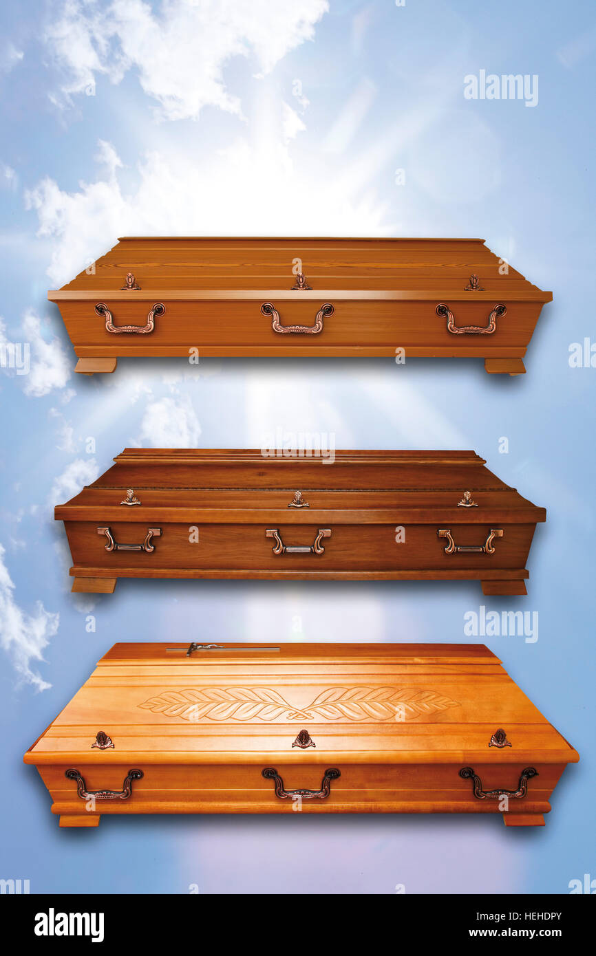 Three wooden coffins ascending toward the sky, ascending up to heaven ...