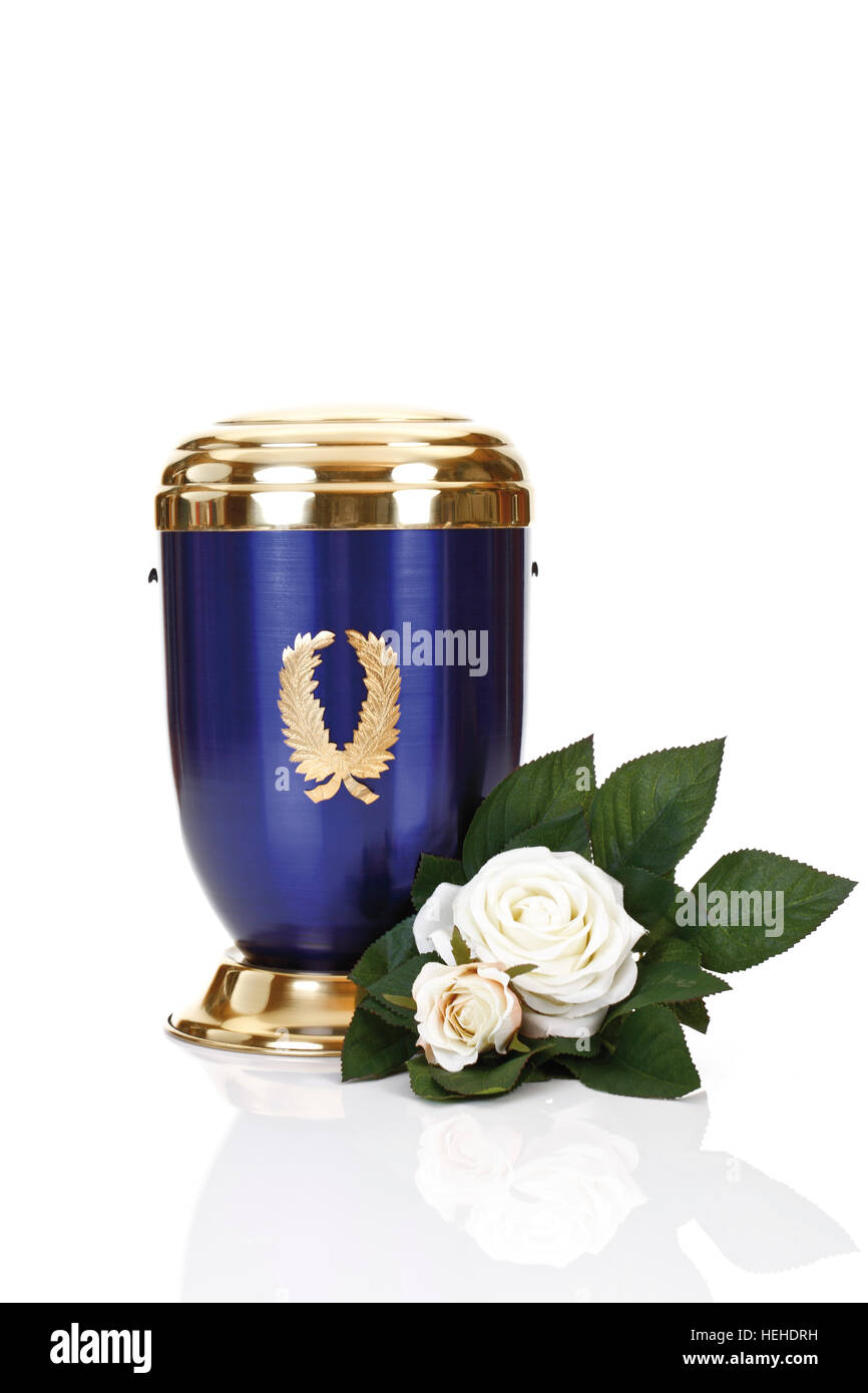 White roses in front of a blue urn Stock Photo - Alamy