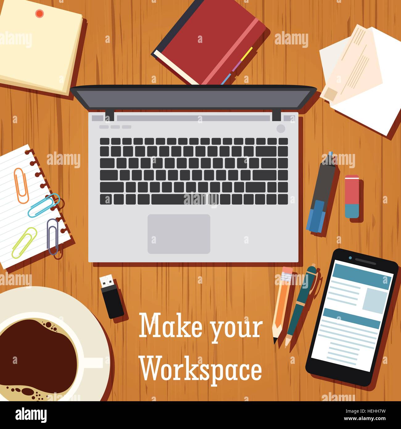 Workspace laptop coffee notepad Stock Vector Images - Alamy