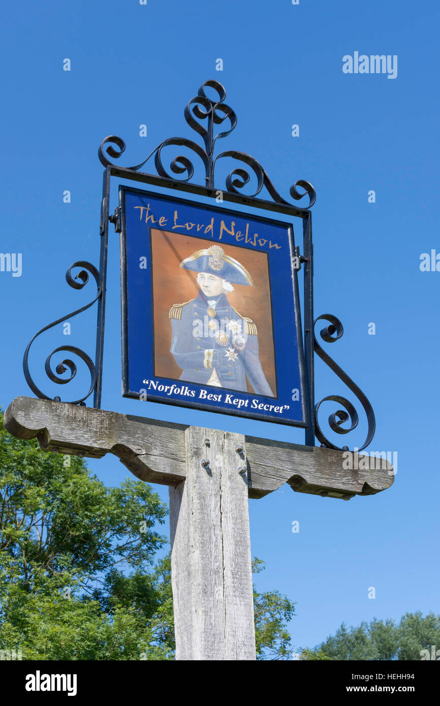 Pub sign of 17th century The Lord Nelson Pub, Walsingham Road, Burnham ...