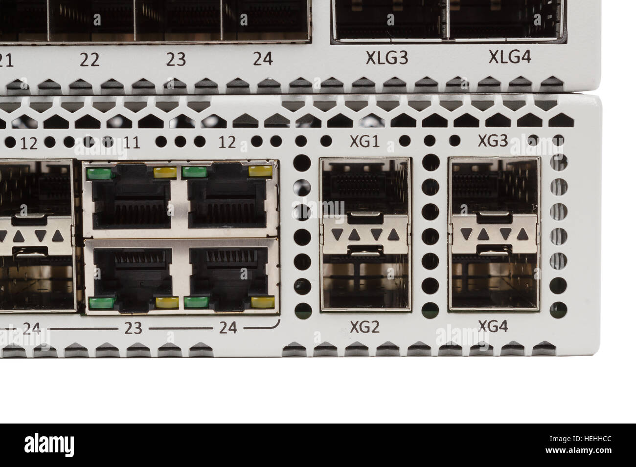 detail of fiber optic gigabit ethernet switch with SFP module slot and ...