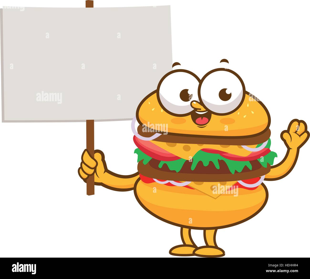 Hamburger character holding a blank sign. Fast food burger character ...