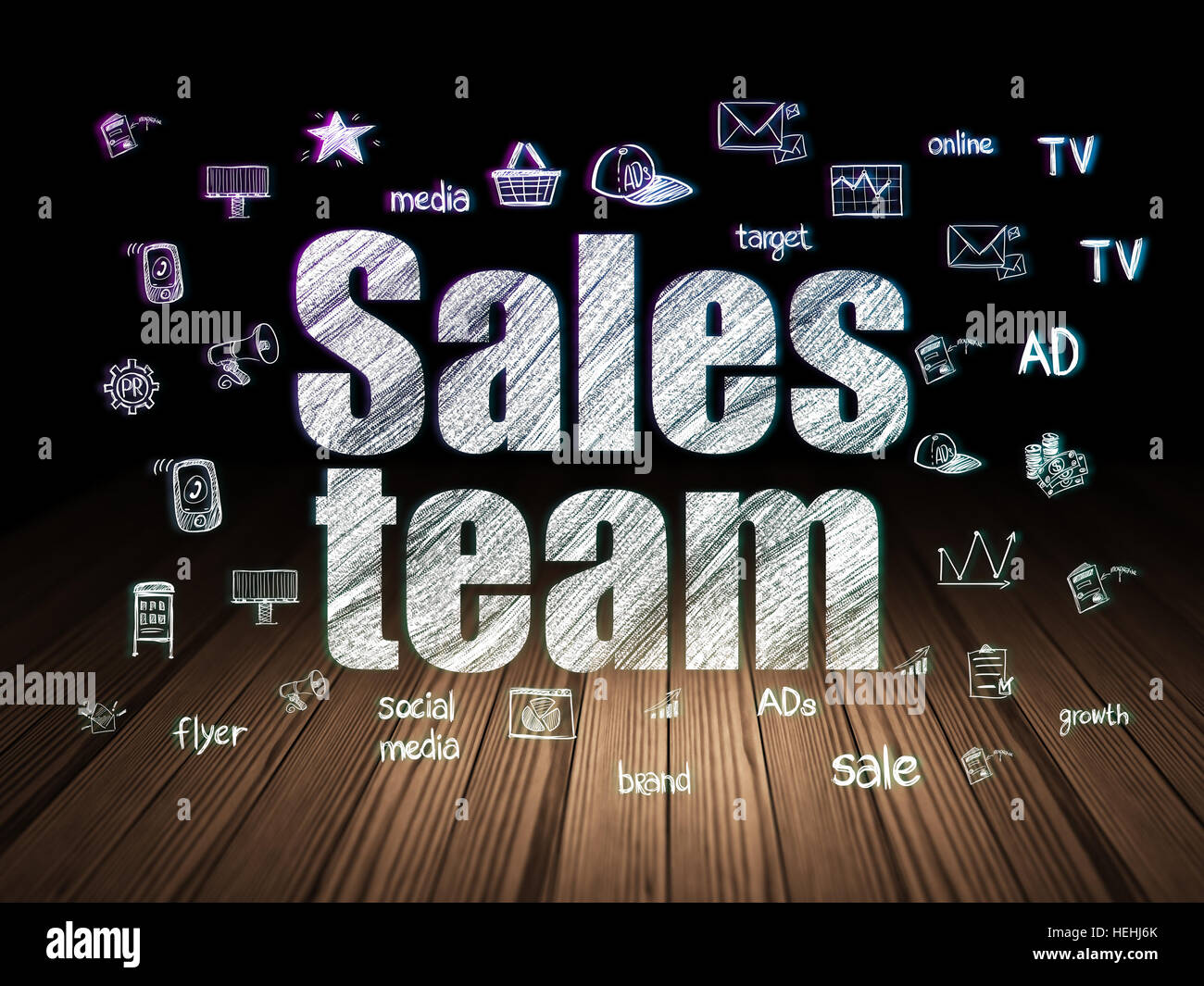 Advertising concept: Sales Team in grunge dark room Stock Photo - Alamy