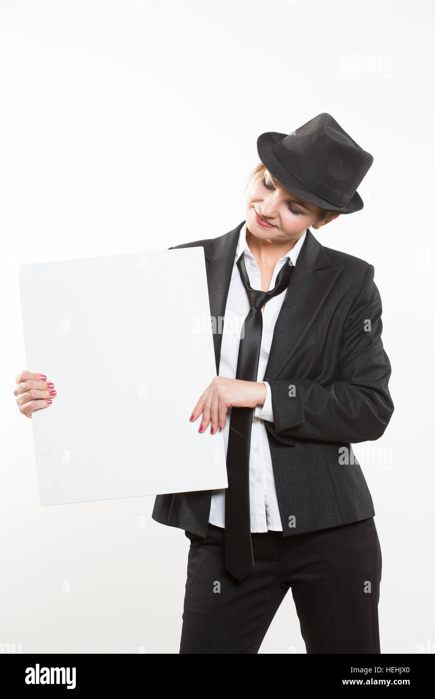 Business woman show board, banner with copy space Stock Photo - Alamy