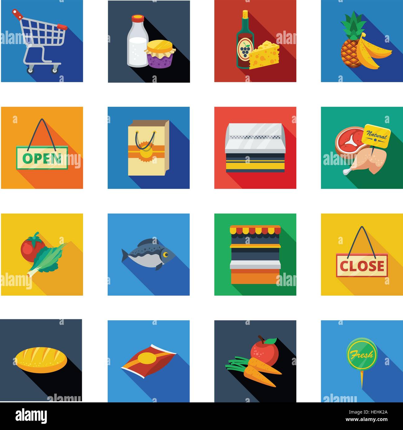 Supermarket Flat Shadow Icons In Colorful Squares. Supermarket flat ...