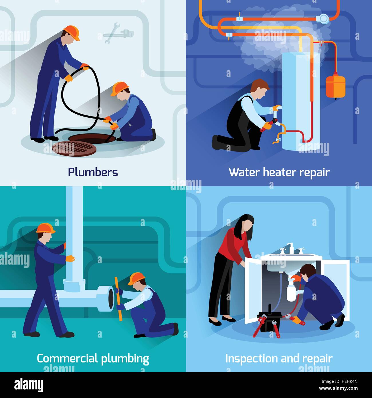 Plumber icons set. Plumber design concept set with pipes repair flat ...