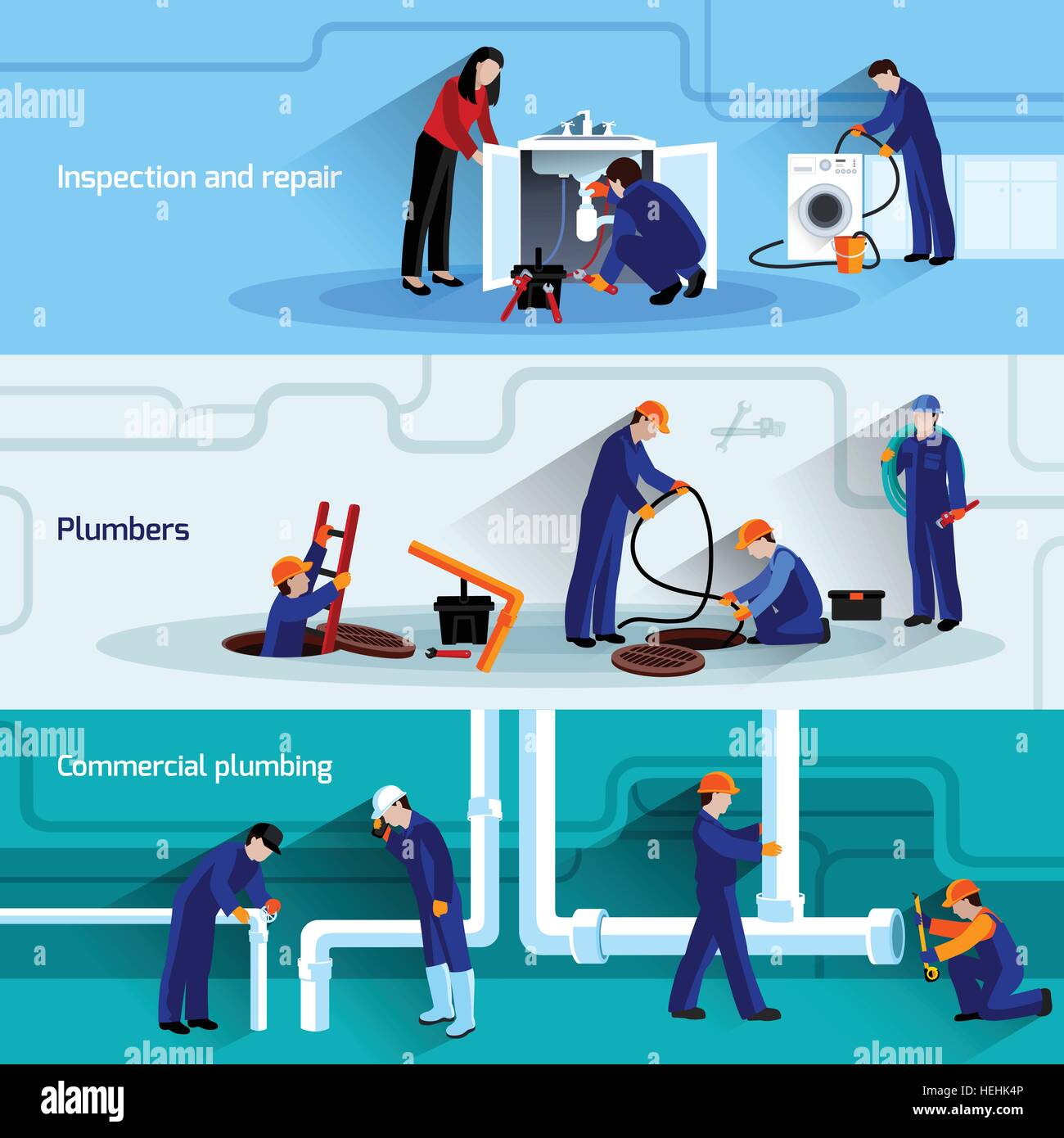 Plumber banner set. Plumber horizontal banner set with water pipes ...