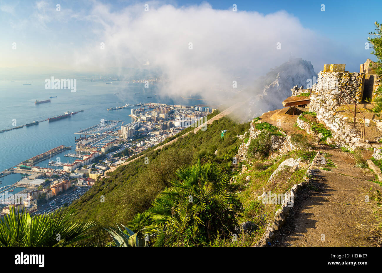 Rock of Gibraltar in fog. A British Overseas Territory Stock Photo - Alamy