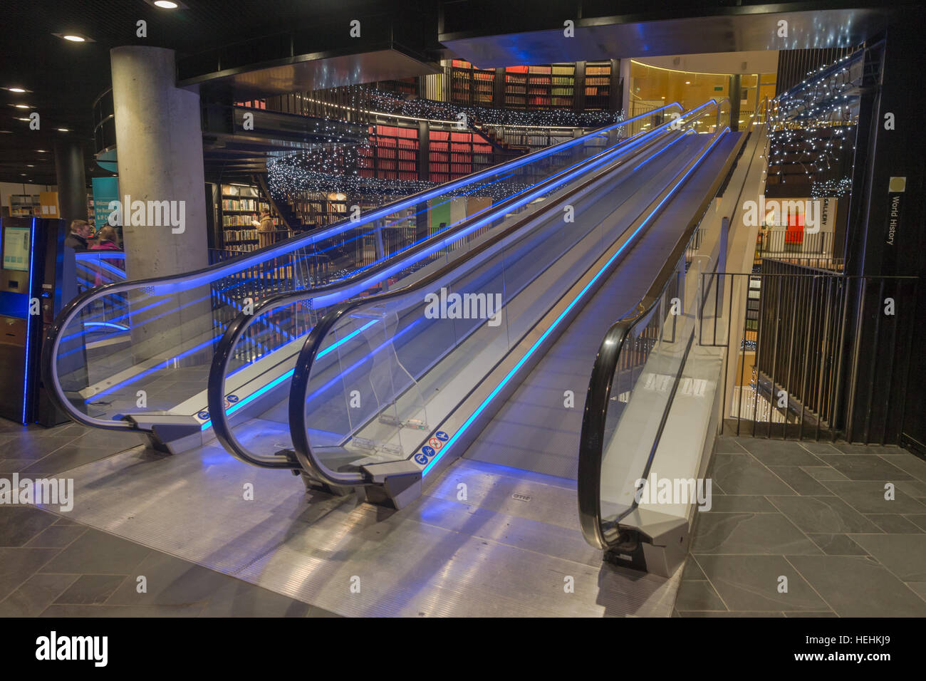 Interior view of the Library of Birmingham, UK showing the escalator ...