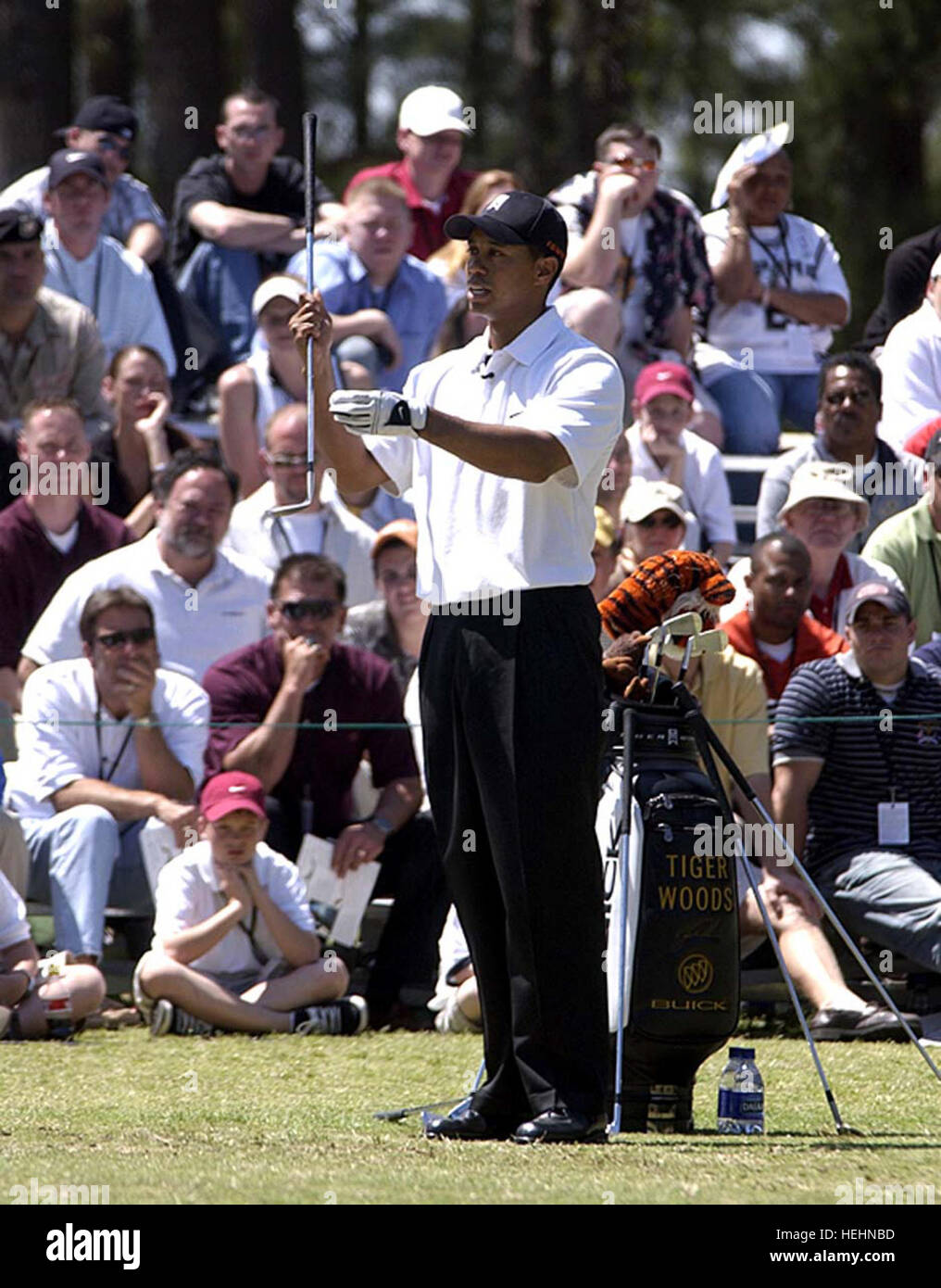 PGA superstar, Tiger Woods, explains his warm-up routine to a crowd at ...