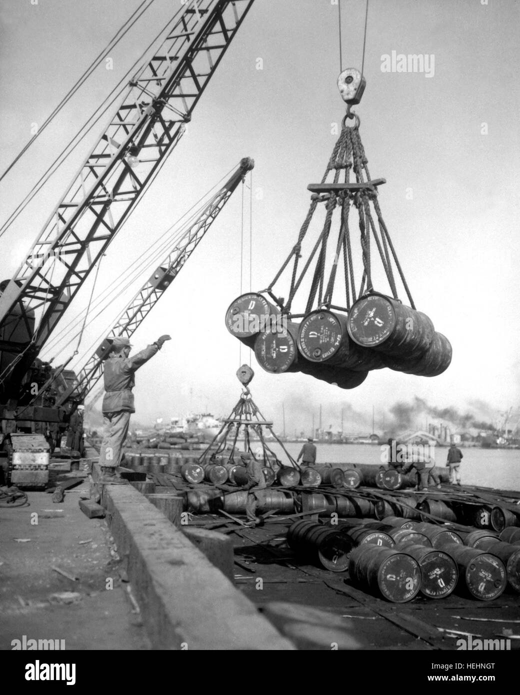 A view of the U.N. fuel dump at Inchon Harbor, Korea. Hundreds of fuel ...